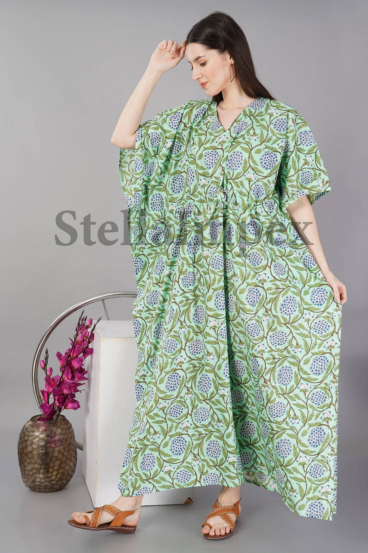 Trendy Handblock Cotton Kaftan, Elegant Green & Blue Floral Long Caftan ...