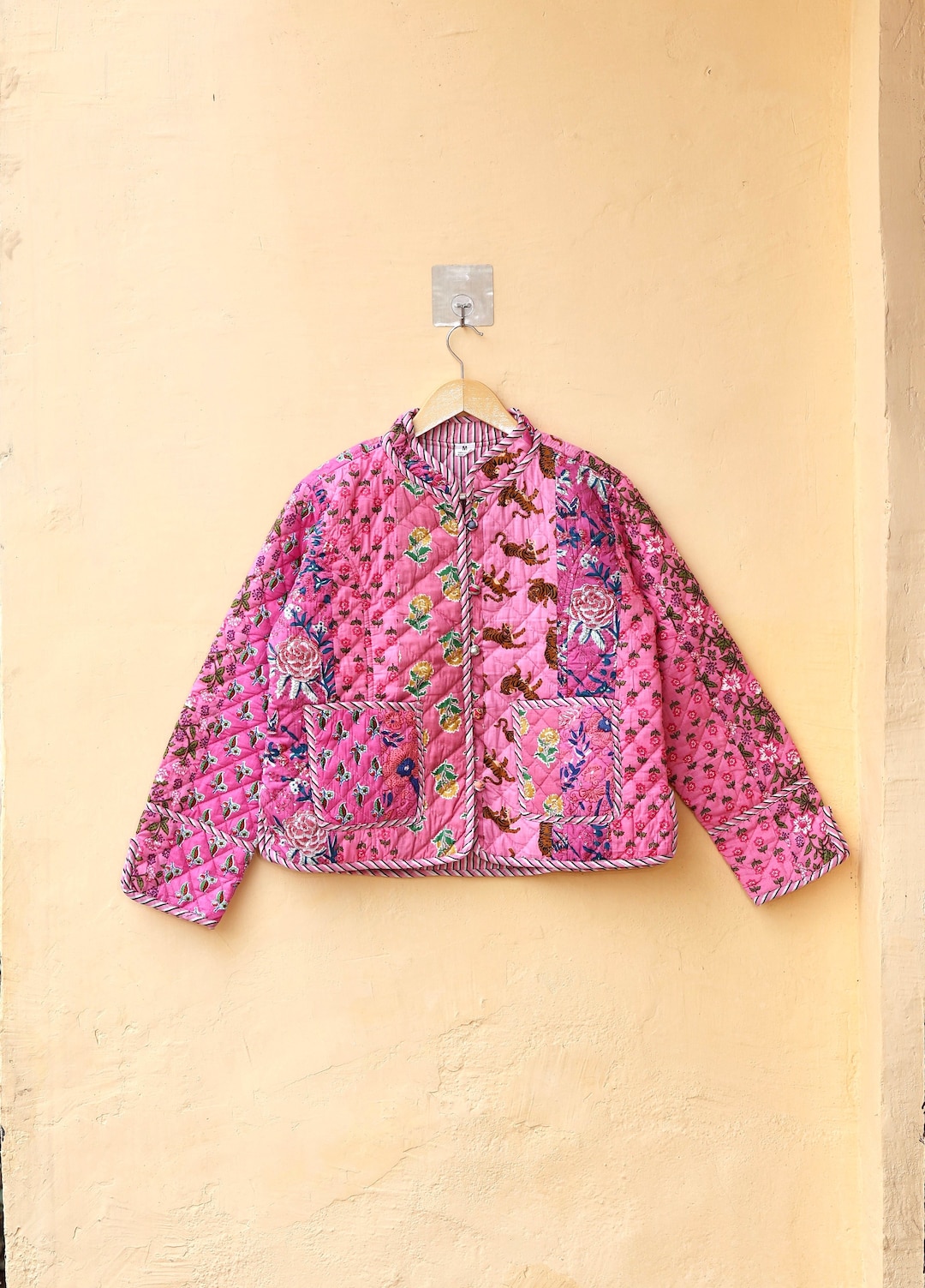 Indian Handmade Quilted Cotton Jacket Pink Patchwork Women's Reversible ...