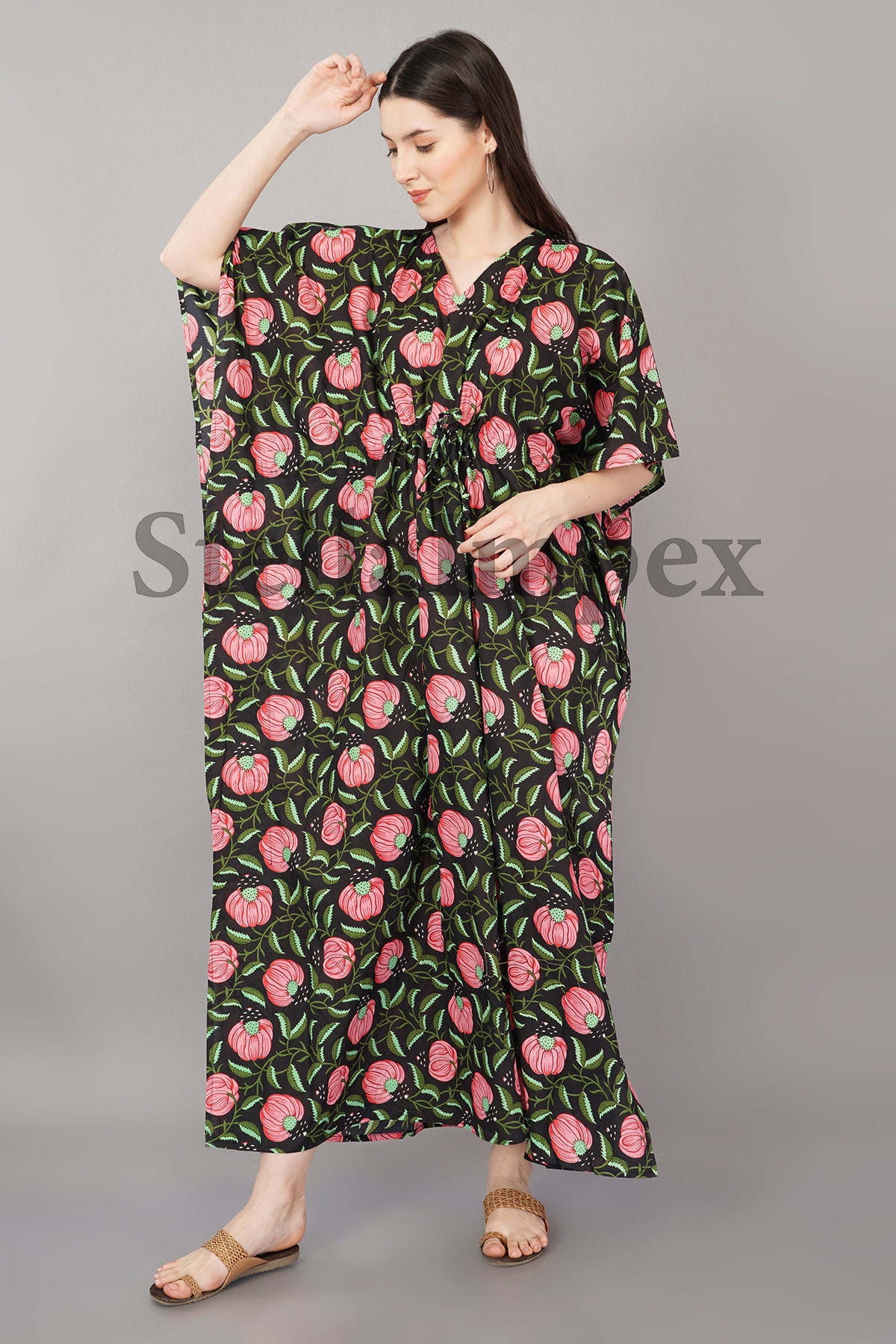 Indian Handprint Cotton Kaftan, Elegant Black & Pink Floral Long Caftan ...