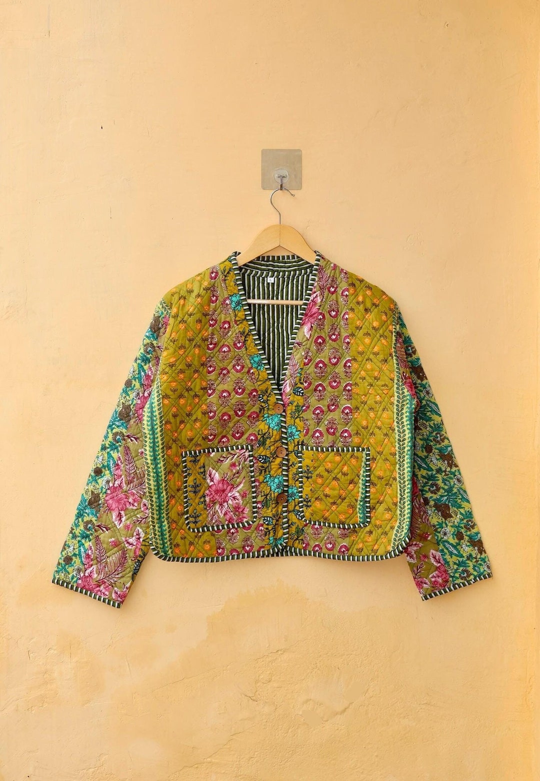 Handcrafted Cotton Quilted Jacket, Boho Floral Kimono, Reversible Coat ...