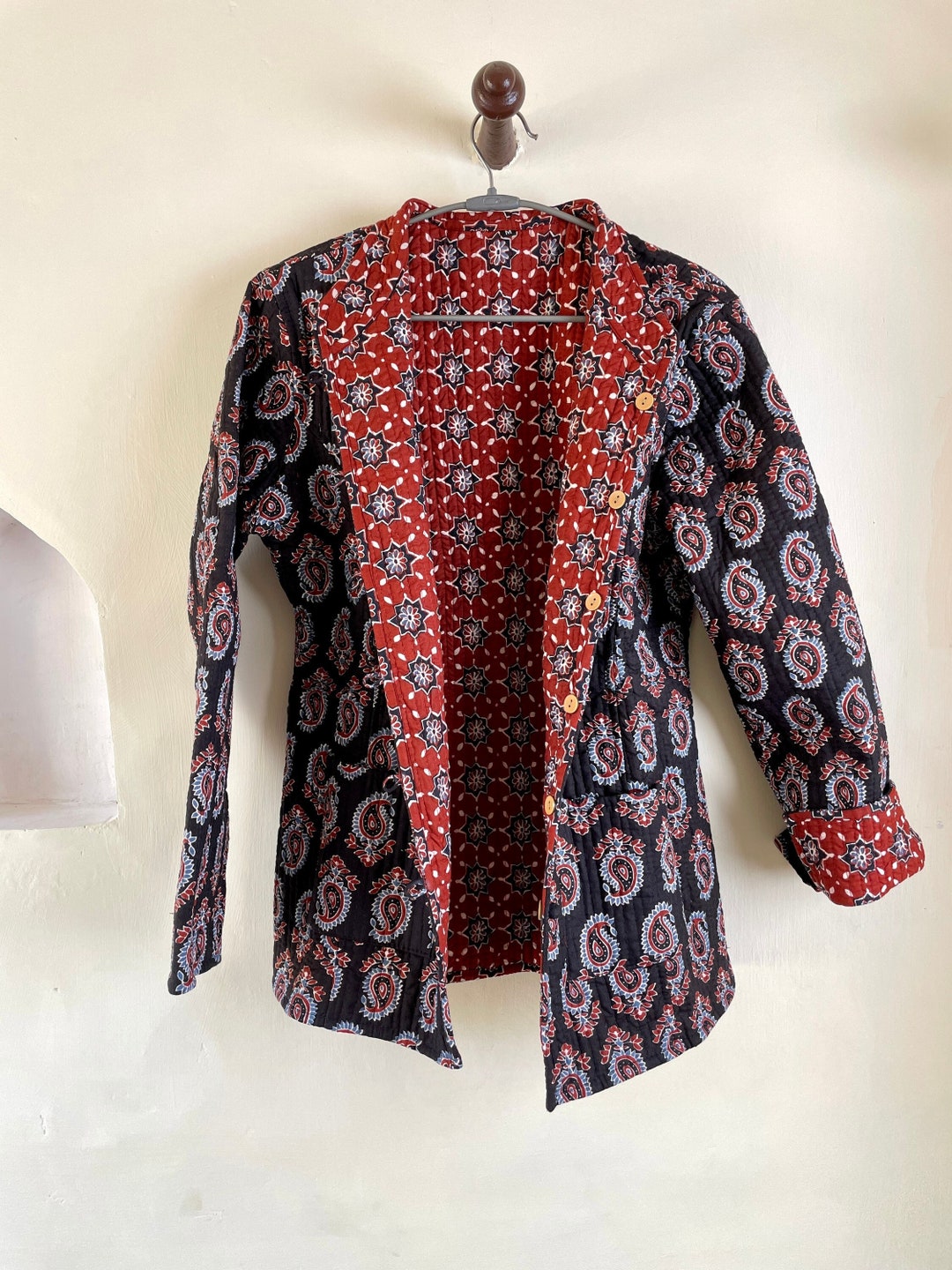 Buy Hand Block Printed Cotton Quilted Jacket, Kantha Stitch, Boho ...