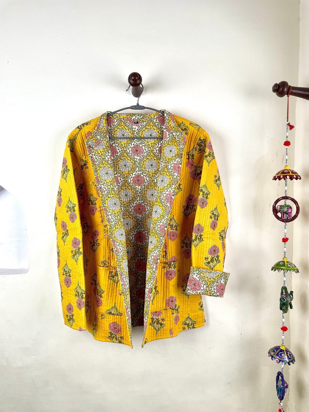 Indian Handmade Quilted Fabric Jacket Stylish Yellow Floral Women's ...
