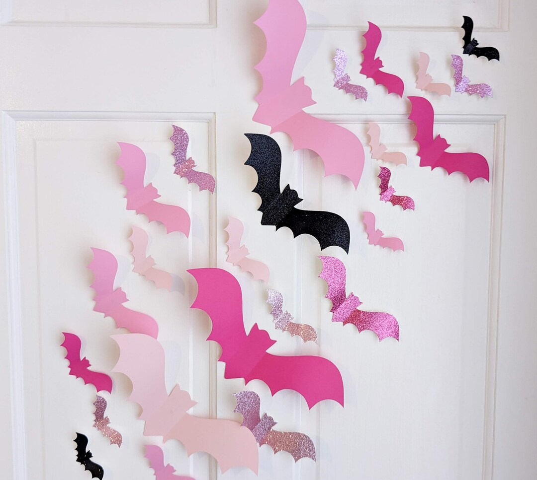 Pink Glitter Bats for Wall, Pastel Halloween Wall Decor, Pink and Black ...