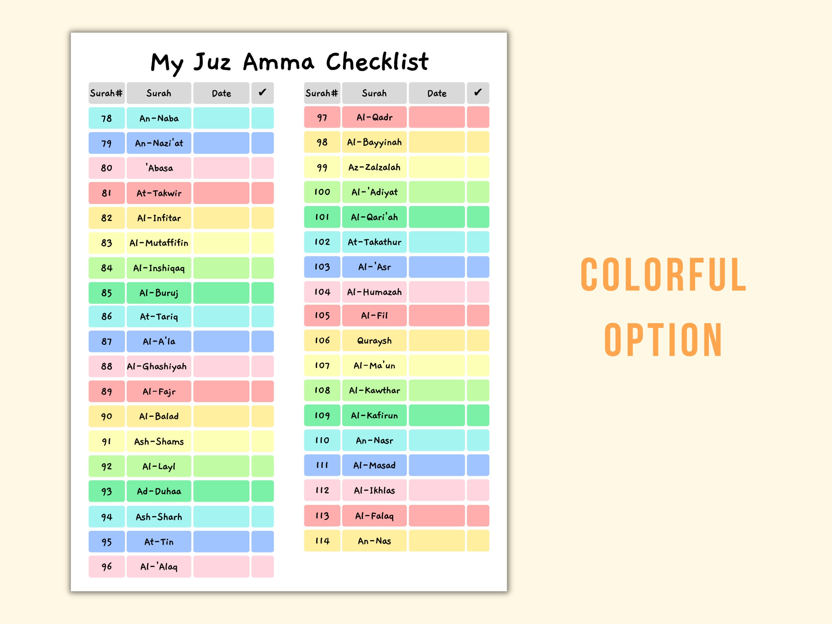 Juz Amma Checklist, Juz 30 Tracking, Digital Printable, Children Kids ...