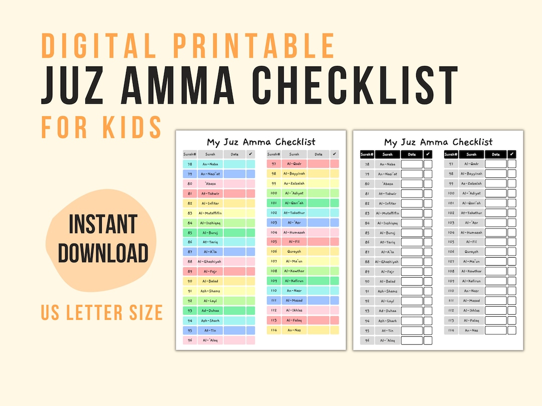 Juz Amma Checklist, Juz 30 Tracking, Digital Printable, Children Kids ...