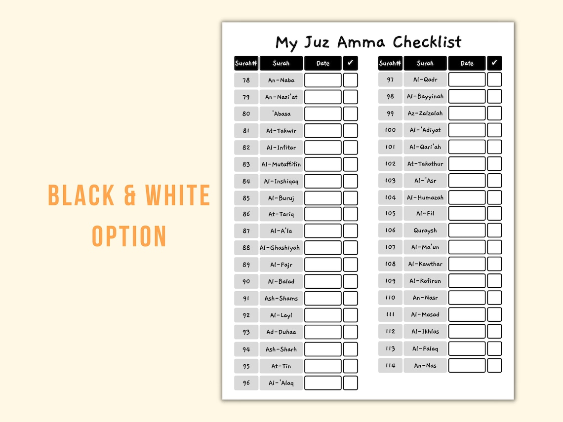 Juz Amma Checklist, Juz 30 Tracking, Digital Printable, Children Kids ...