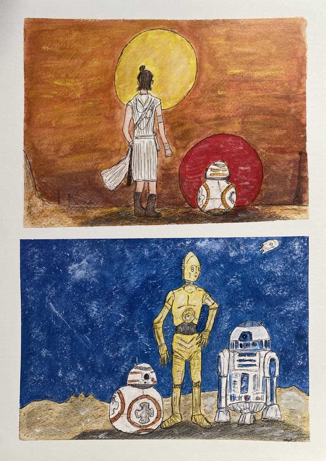 Star Wars Rey, Droids and Tatooine Print From Original Illustration ...