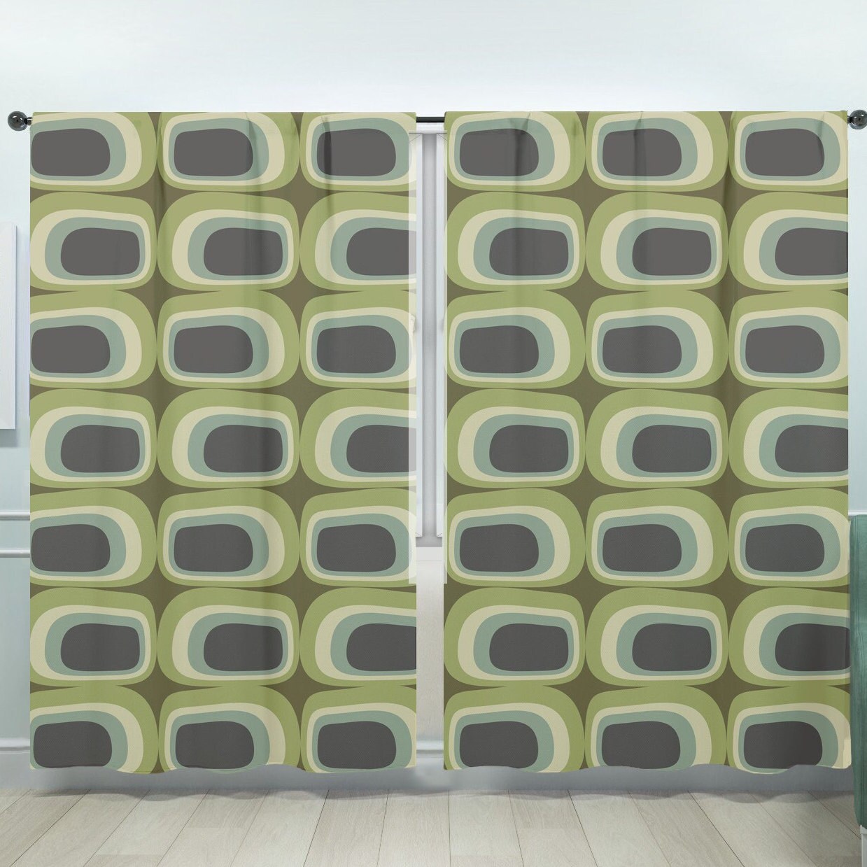 MCM Window Curtains 2 Panels Retro Earth Tone Greens Print Free US ...