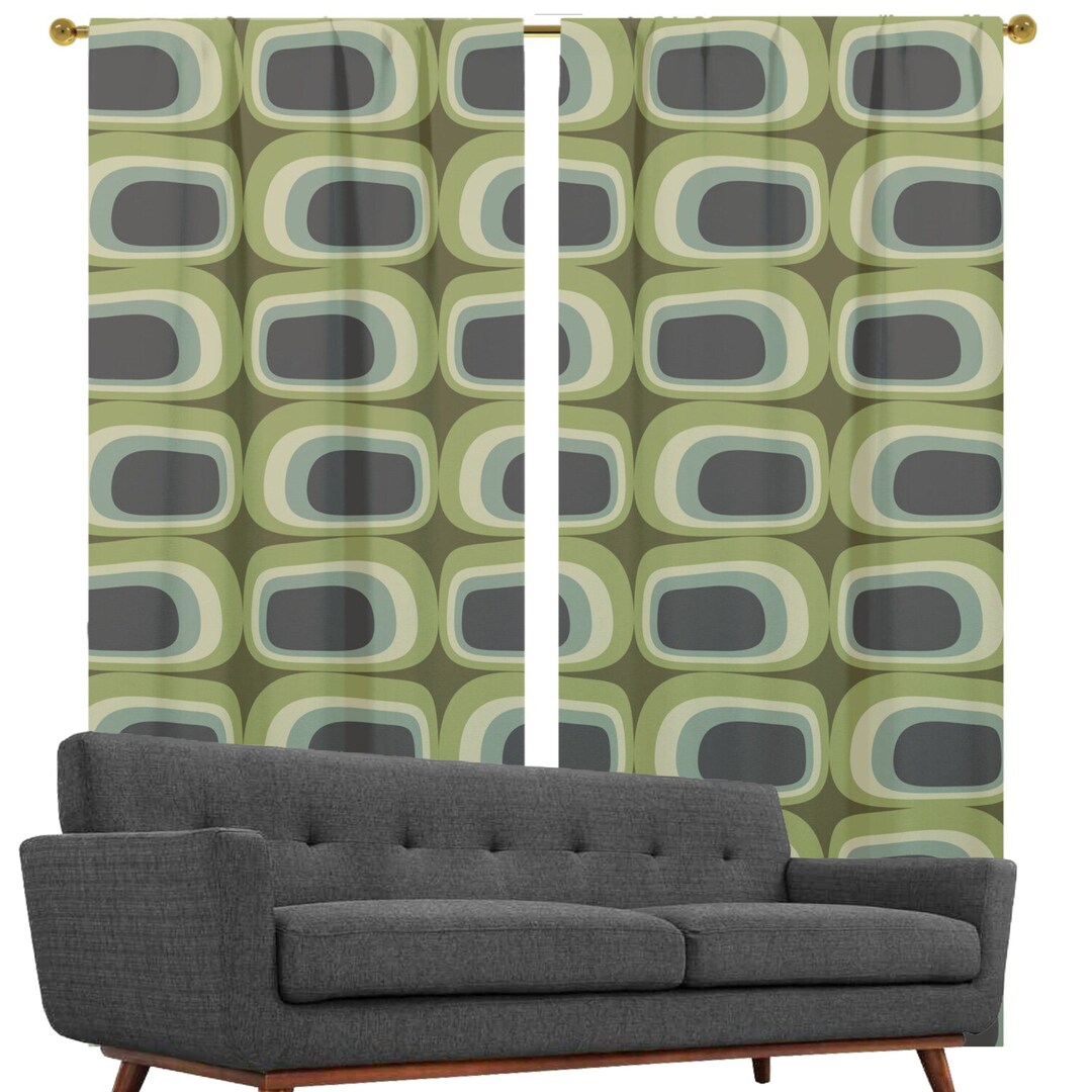 MCM Window Curtains 2 Panels Retro Earth Tone Greens Print Free US ...