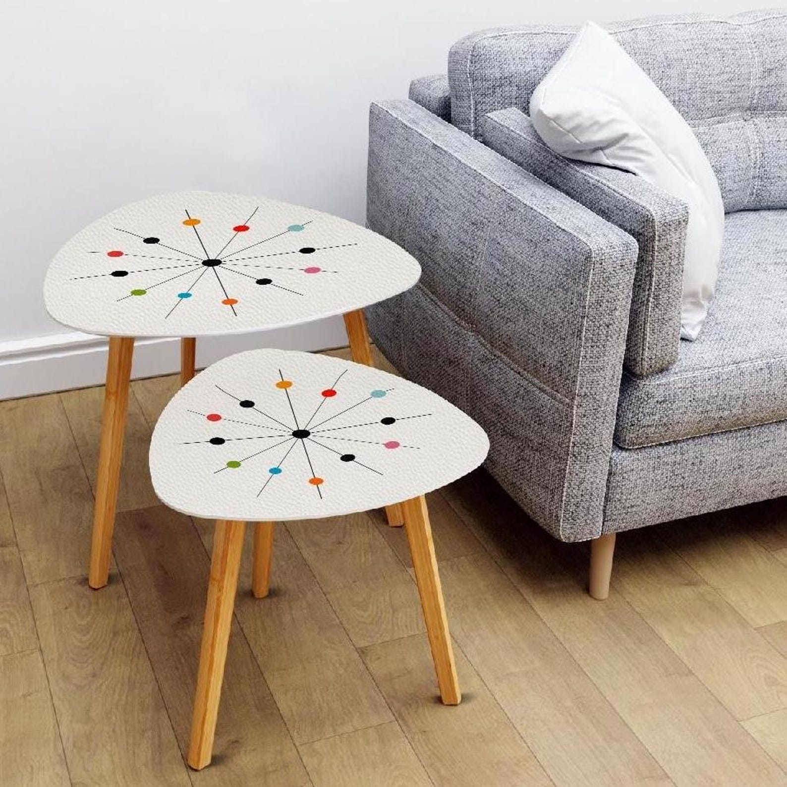 Mid Century Modern Triangle Coffee Tables: Atomic Starburst Print (set ...