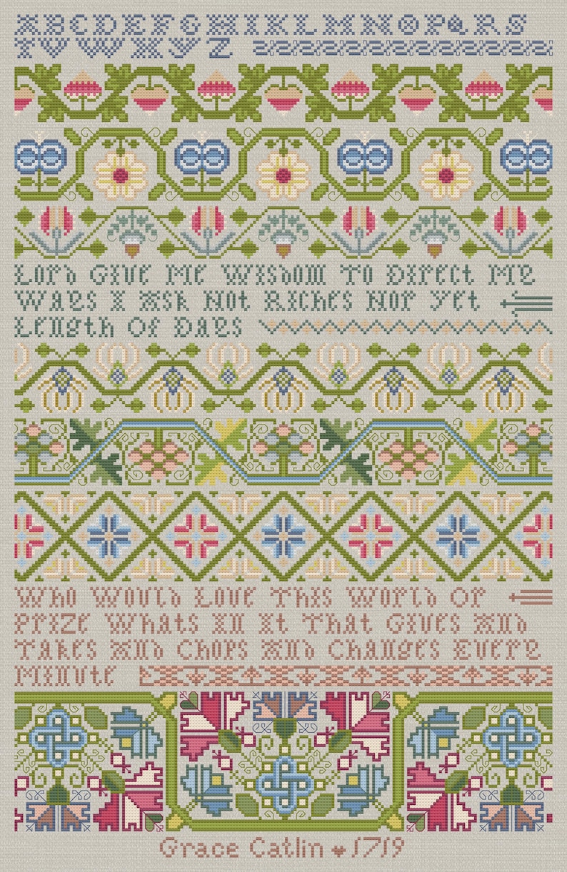 Grace Catlin Sampler 1719 | Counted Cross Stitch Pattern | Antique ...