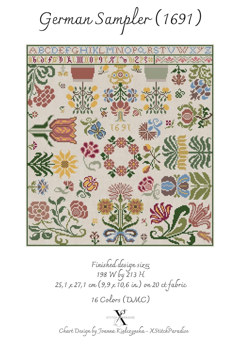 German Sampler 1691 | Counted Cross Stitch Pattern | Antique Sampler ...