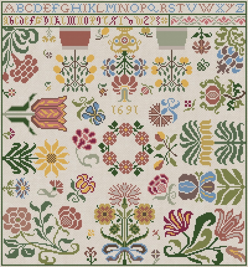 German Sampler 1691 | Counted Cross Stitch Pattern | Antique Sampler ...