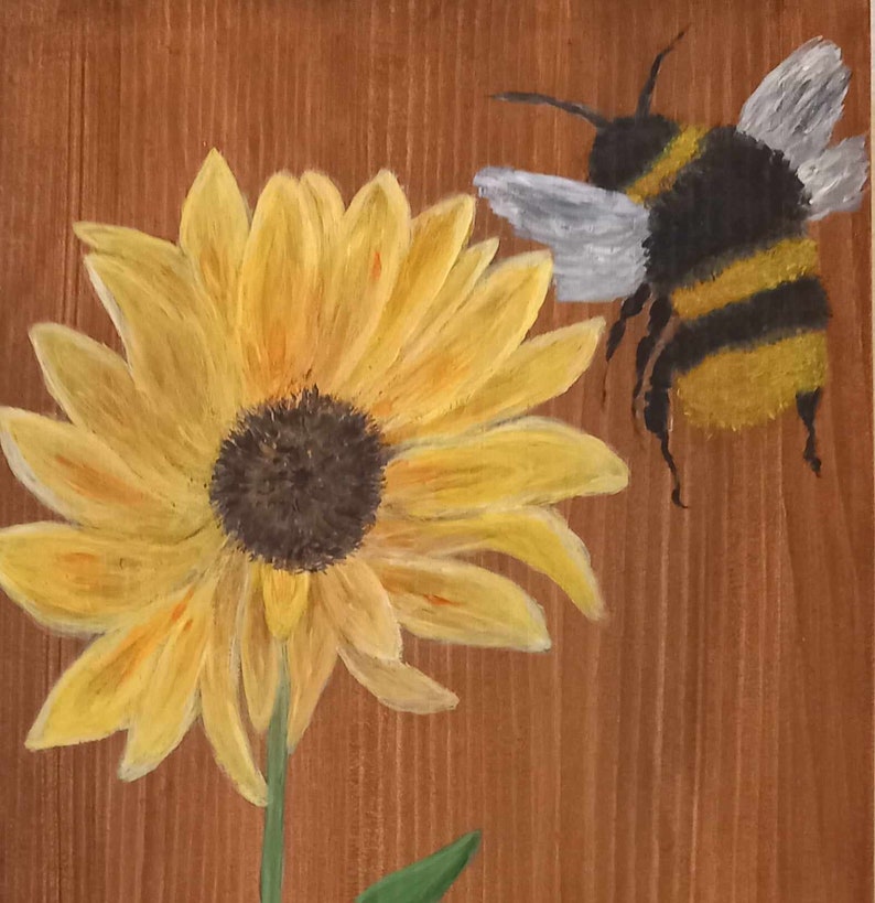 Sunflower and Bee Art, Hand Painted, Rustic Style on Natural Wood - Etsy