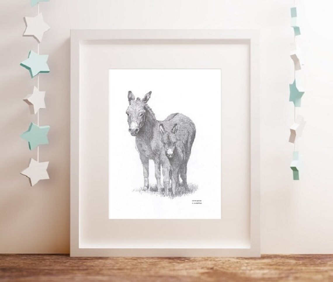 Donkey Mare & Foal Art Drawing Prints A4/A3 Size, Greetings/note Card ...