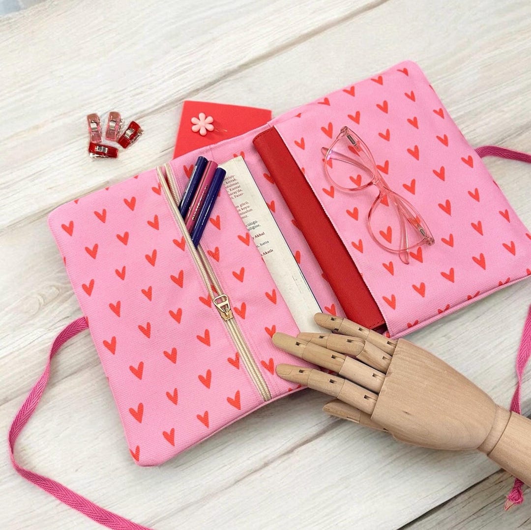 Heart Print Book Sleeve – Handmade A5 Organizer With Zippered Pocket ...