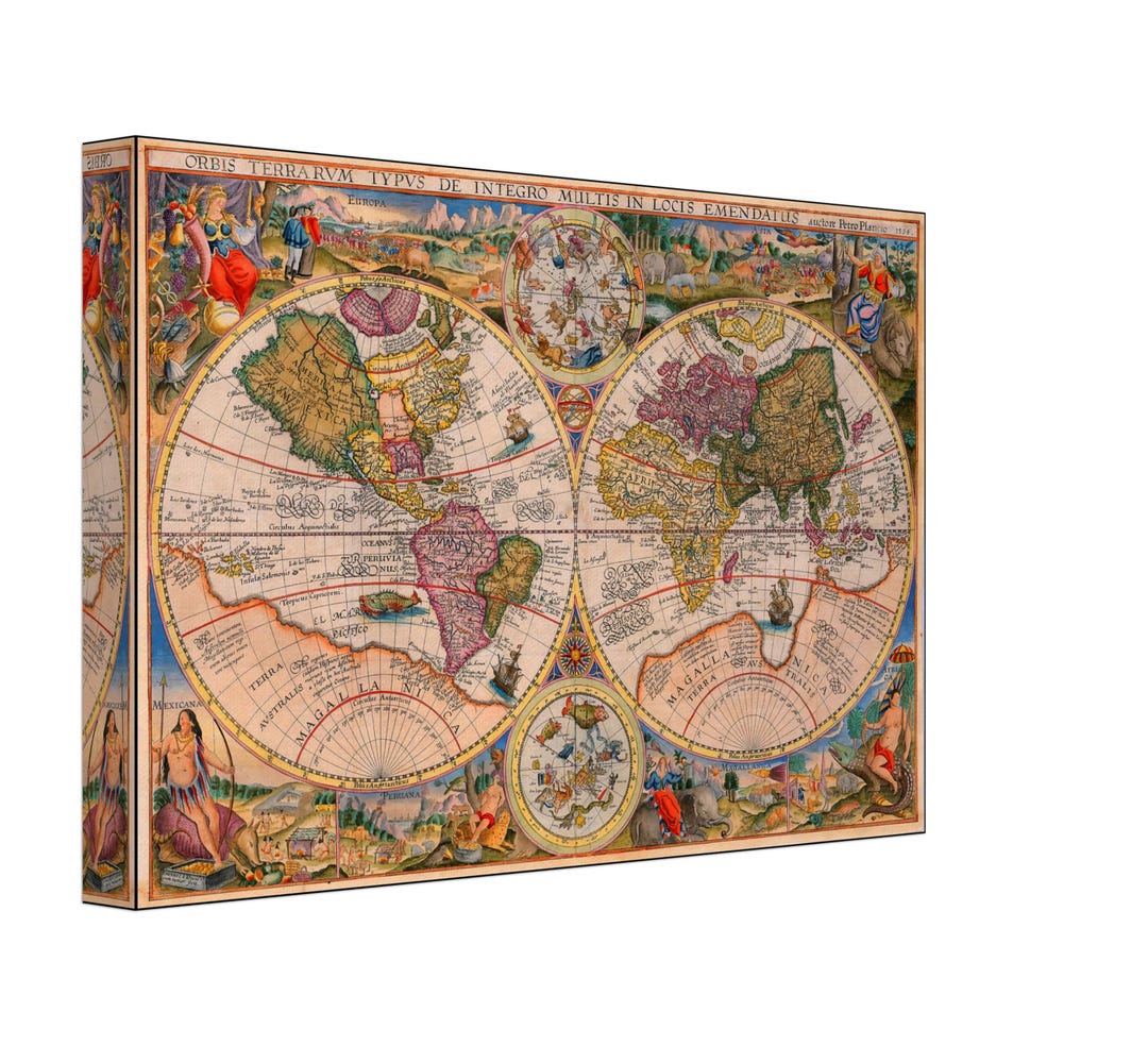 Vintage World Map Canvas Print, Old World Map Canvas From 1594, Vintage ...