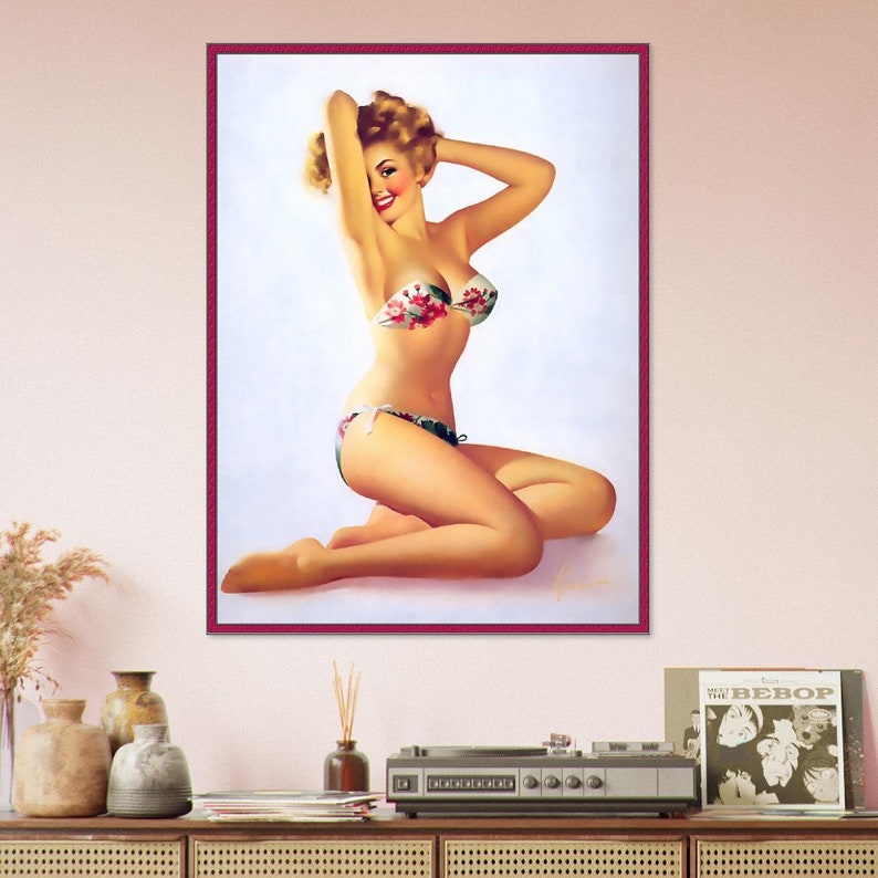 Vintage Pin up Girl Poster, Red Flowers on Bikini Edward Runci Vintage Art Retro Pin up Girl ...