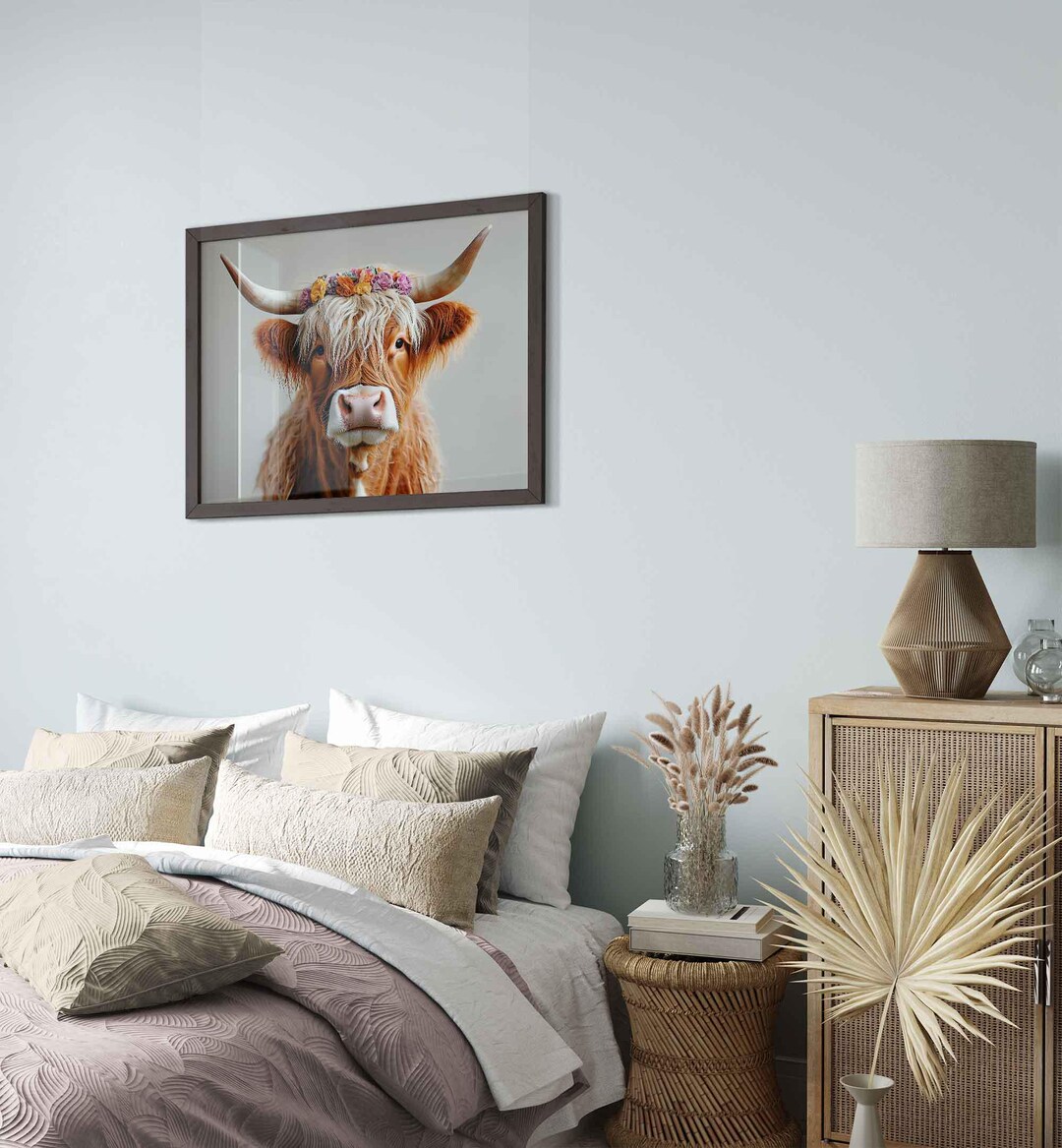 Highland Cow Framed Print With Flower Crown for Rustic and Farmhouse ...