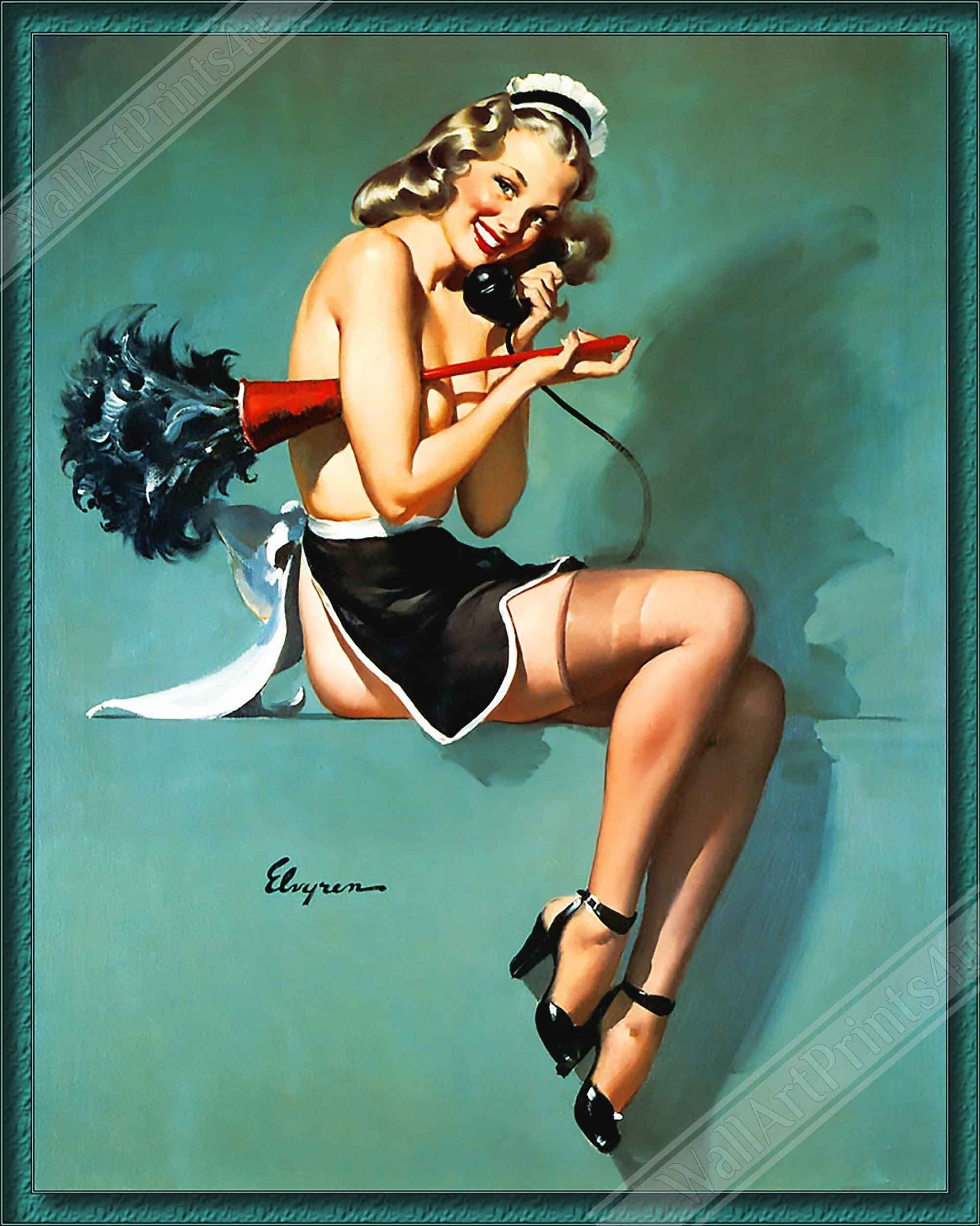 Vintage Pin up Girl Poster, on the Phone Cleaning Gil Elvgren, Vintage Art Retro Pin up Girl ...