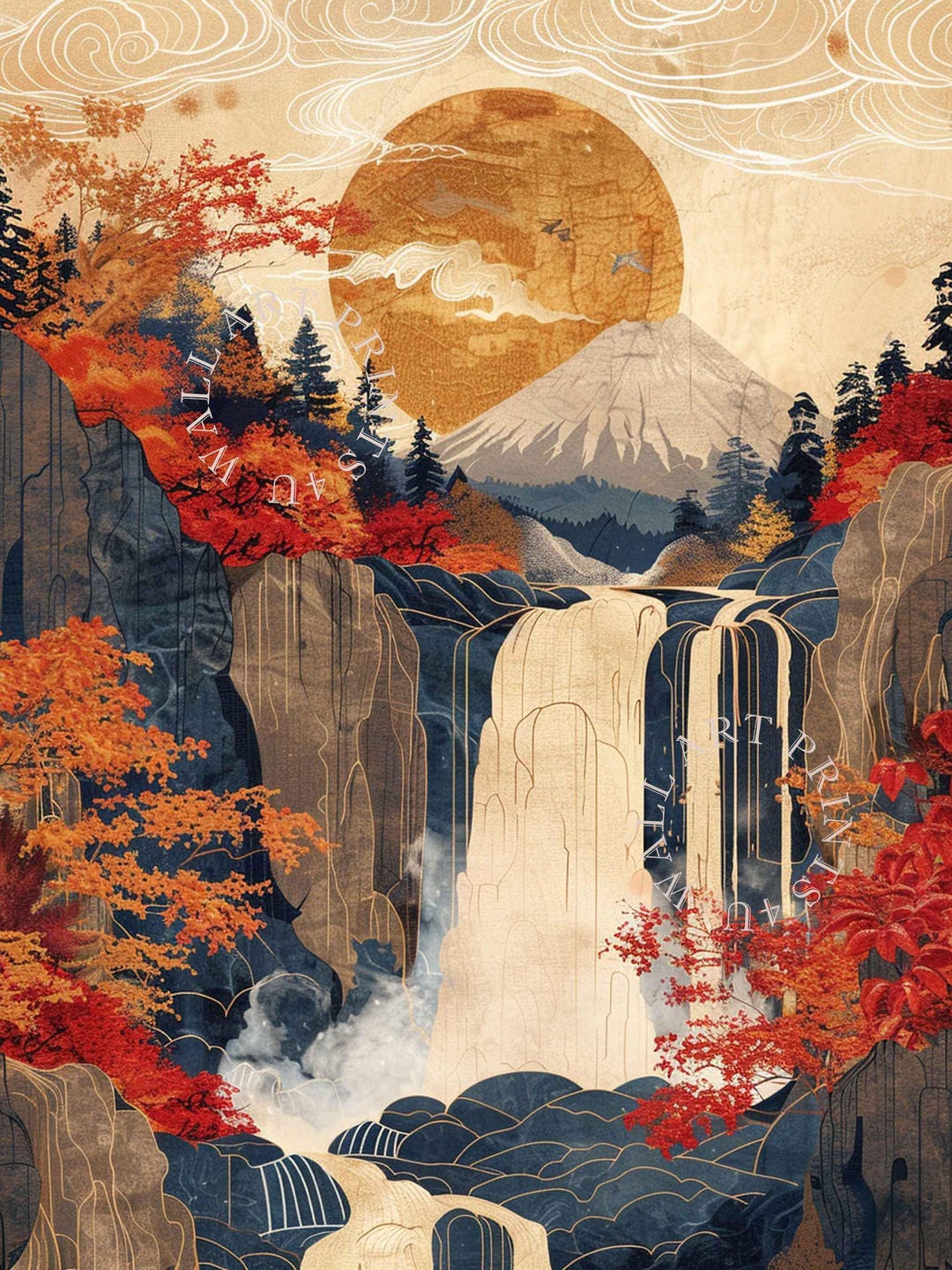 Japanese Ukiyo-e Autumn Waterfall Poster: Vintage Woodblock Print - Etsy