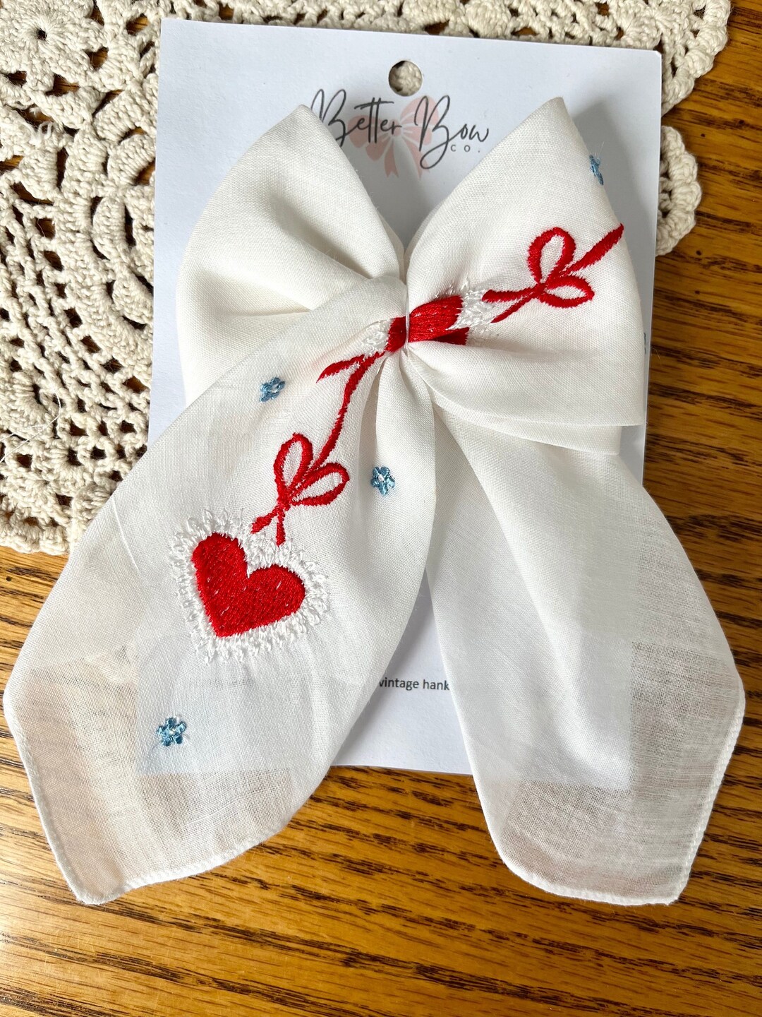 Vintage Valentine’s Day Handkerchief Bow | Heart and Ribbon Embroidered ...
