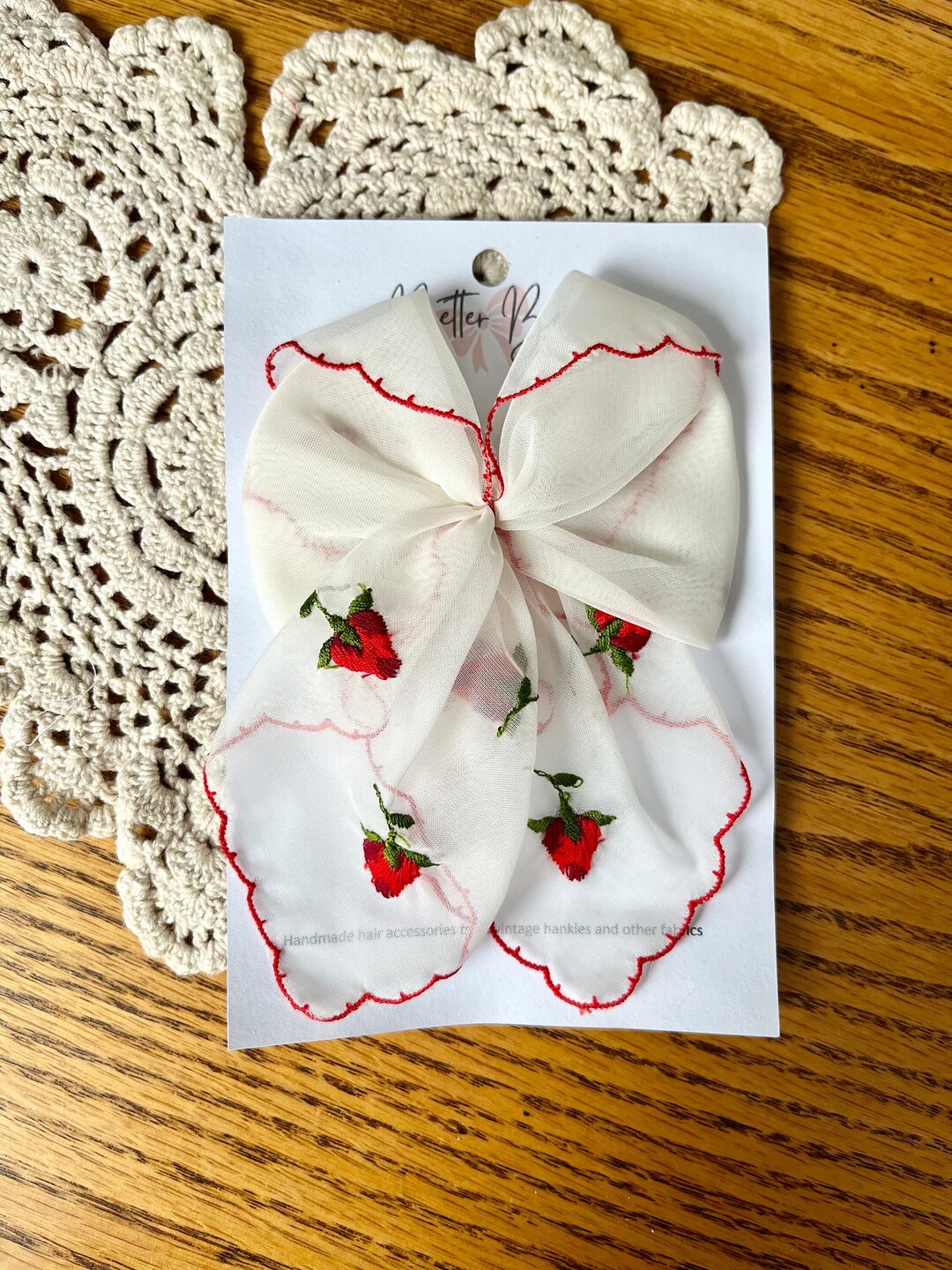 Vintage Valentines Day Handkerchief Bow Red Rose Bud Bow Red Scalloped ...