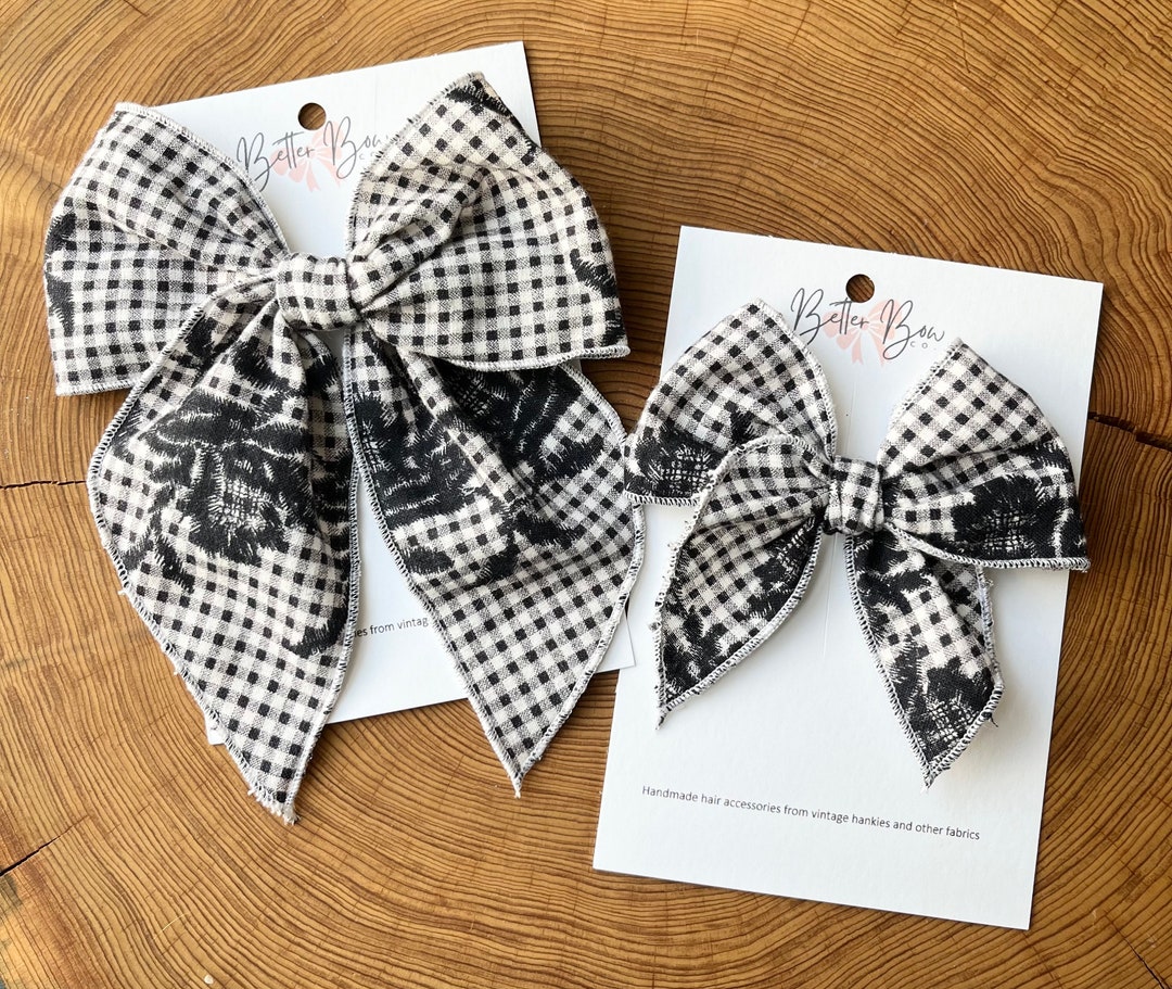 Navy Checker With Floral Fable Style Bow Upcycled Bow Mom and Me Sister ...