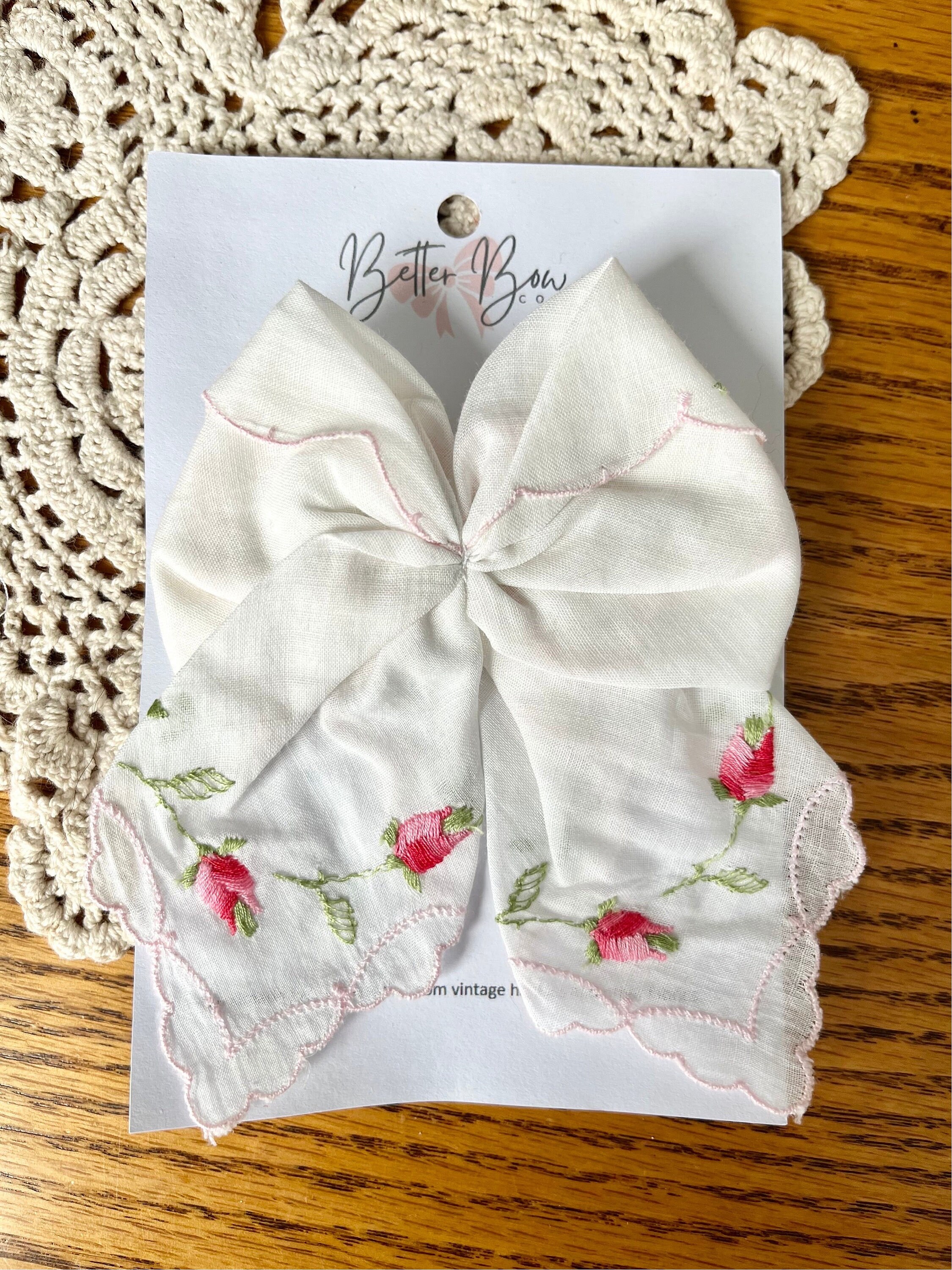 Pink Roses Embroidered Vintage Handkerchief Bow | Pink Scalloped Bow ...