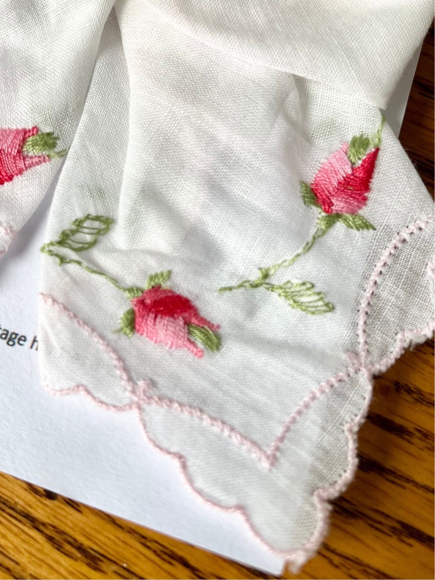 Pink Roses Embroidered Vintage Handkerchief Bow | Pink Scalloped Bow ...