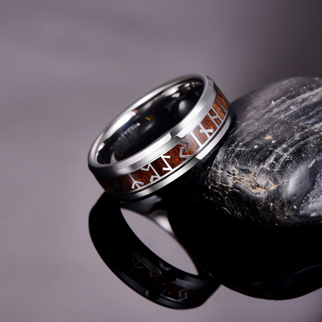 Raider Silver Tungsten Ring and Koa Wood With Viking Runes Wedding Ring ...