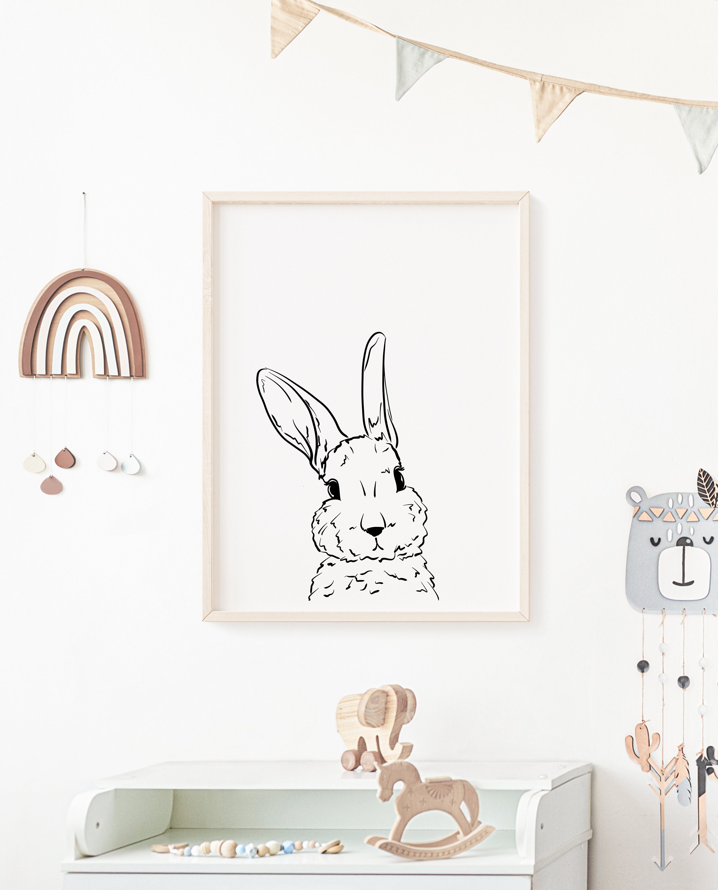 Bunny Ink Drawing, Easter Wall Art, Minimalist Rabbit Drawing, Spring ...