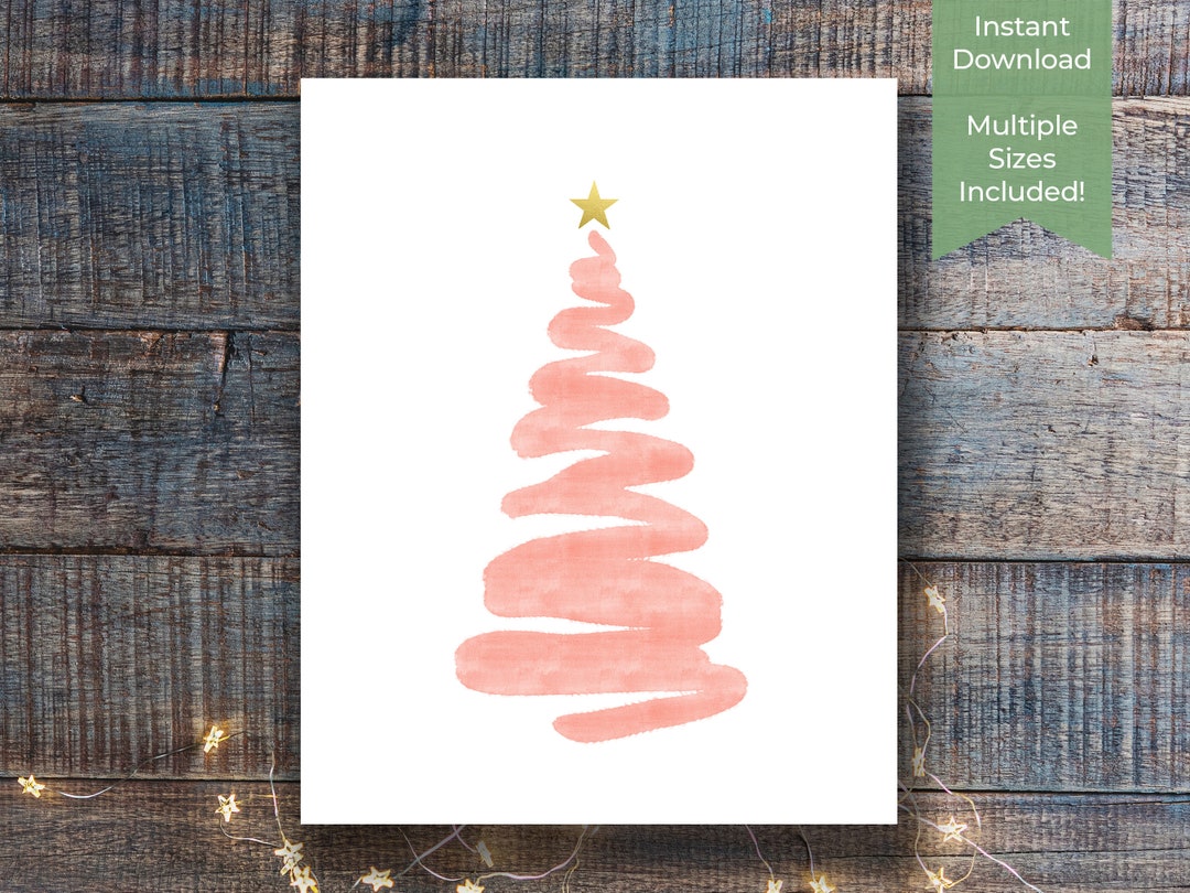 Watercolor Christmas Tree Printable Art: Pink & Gold Holiday Decor ...