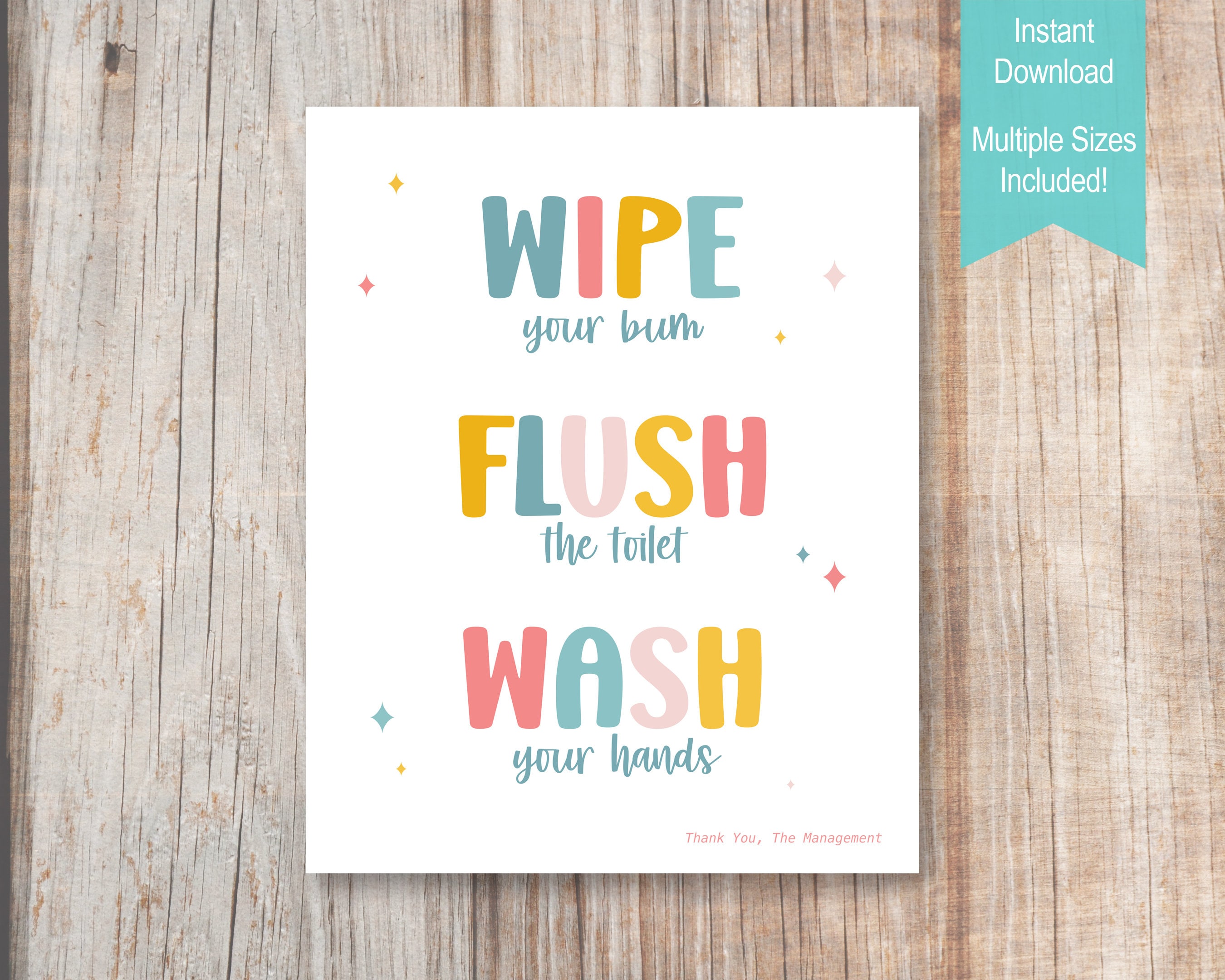 Kids Bathroom Art Printable, Funny Bathroom Decor, Wipe Your Bum Flush ...