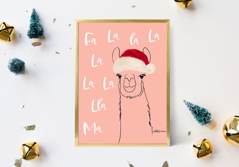 Printable Christmas Art, Llama Santa, Fa La La Llama, Pink Christmas ...