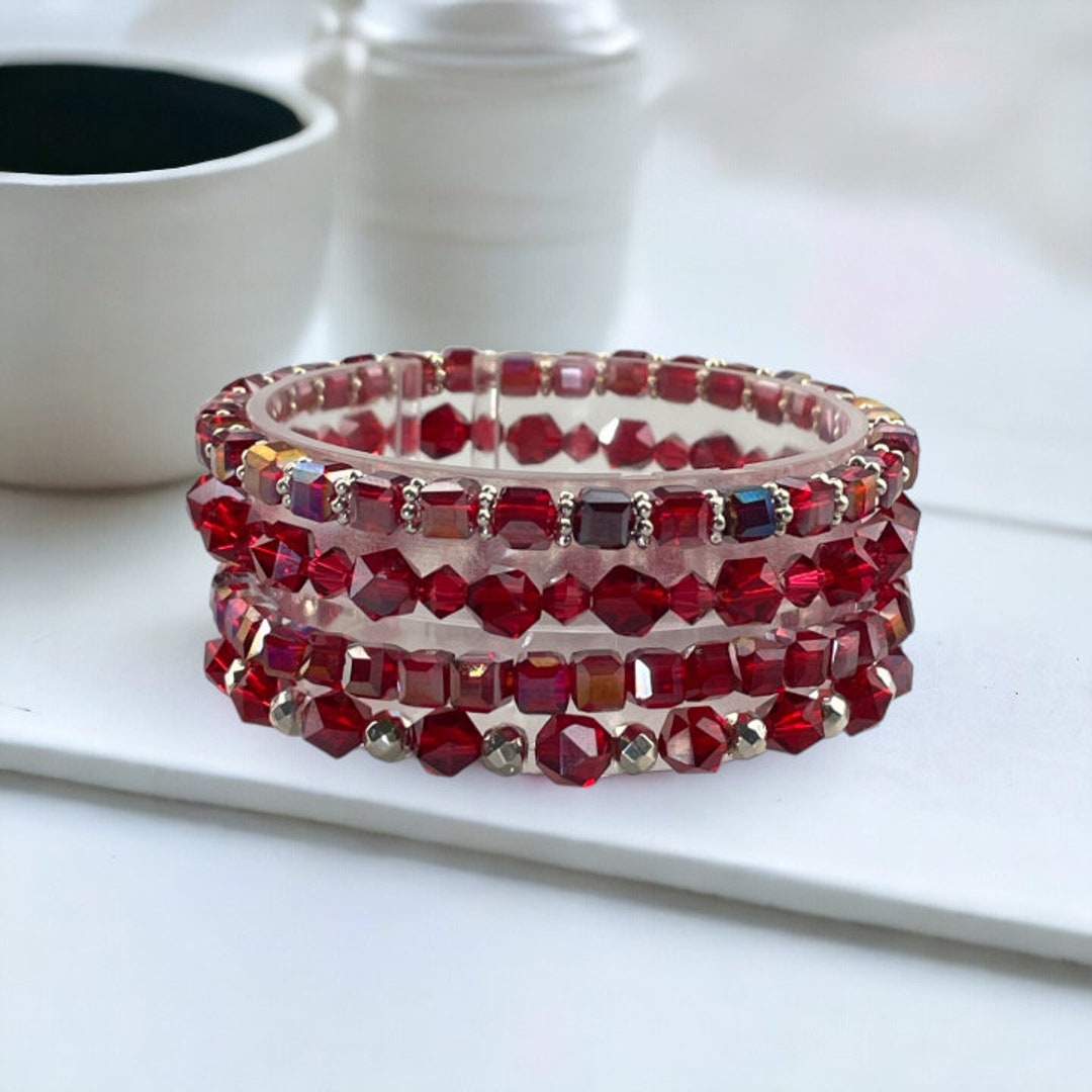Red Crystal Beaded Bracelets, Set of 4, Red Glass Holiday Party ...