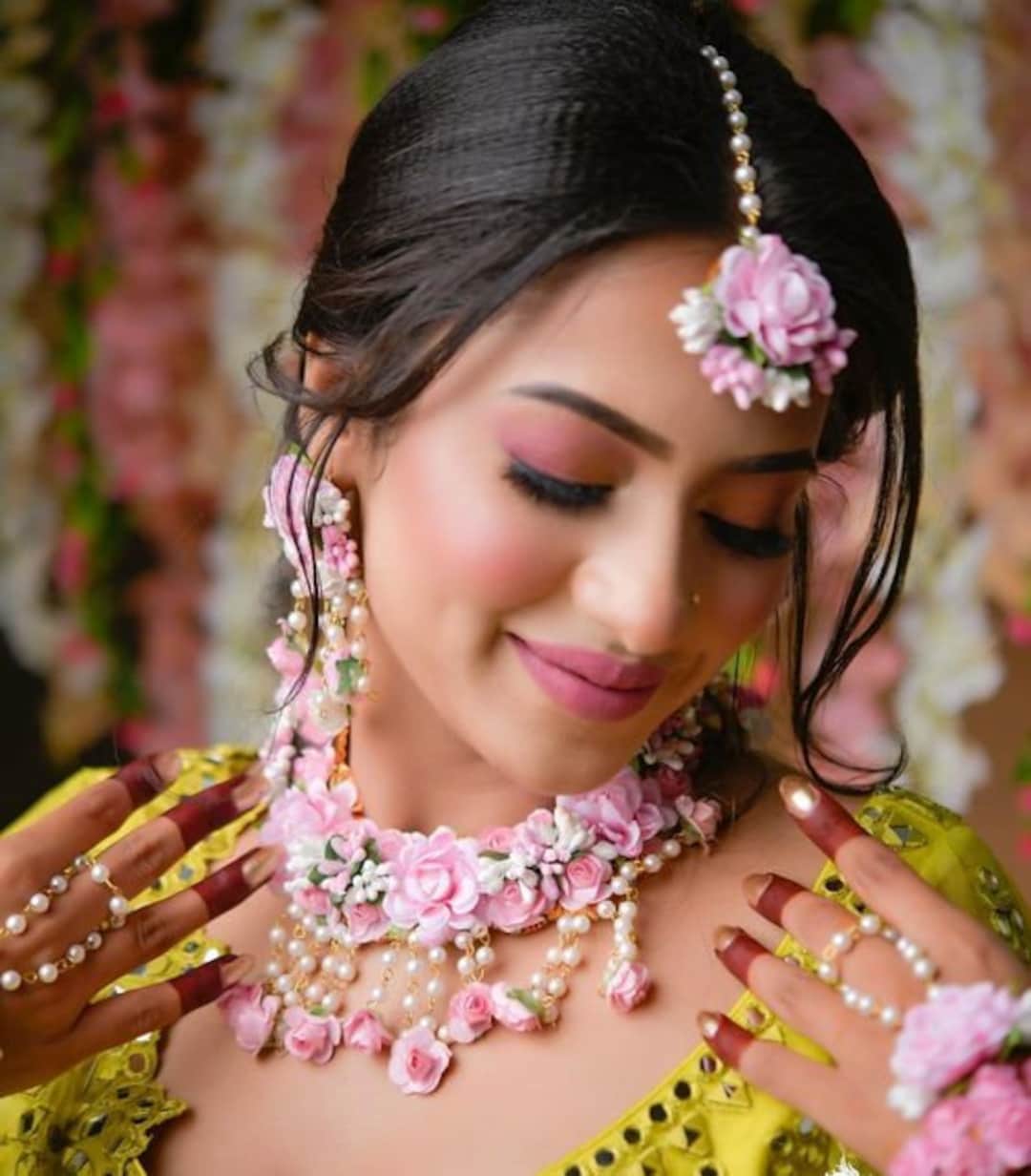 Haldi Pink Floral Jewelry Haldi Jewelry Set Baby Shower - Etsy