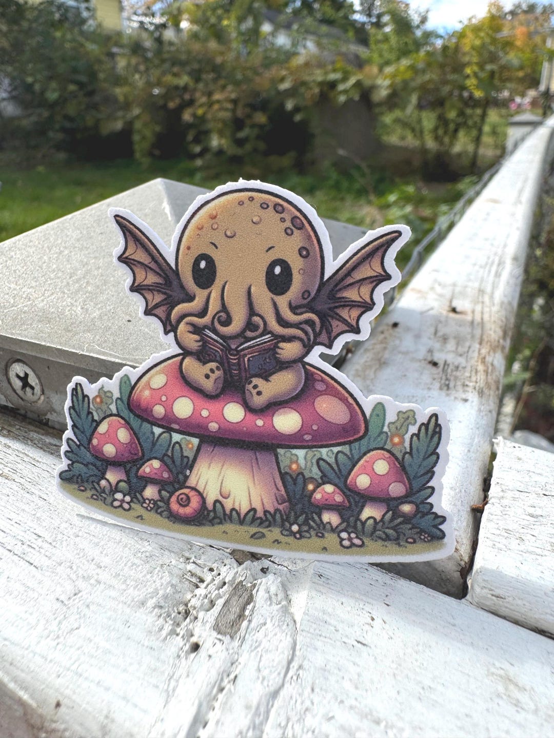 Cute Cryptid Cthulhu Reading on a Mushroom Vinyl Sticker - Etsy