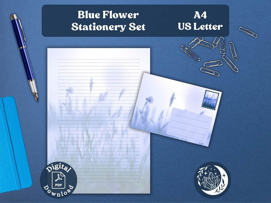 Printable Blue Flower Stationery Set: Letter Paper With Matching ...