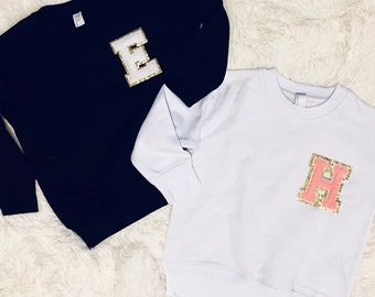 Toddler Single Initial Monogrammed Chenille Patch Applique Sweatshirt Little Kids Glitter Patch ...