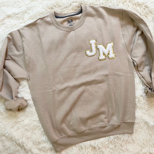Two Initial Chenille Patch Sweatshirt/tan Varsity Letters - Etsy