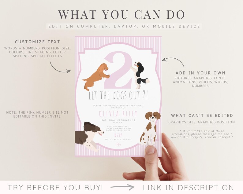 Editable Pink Two Let the Dogs Out Second Birthday Invitation Girl ...