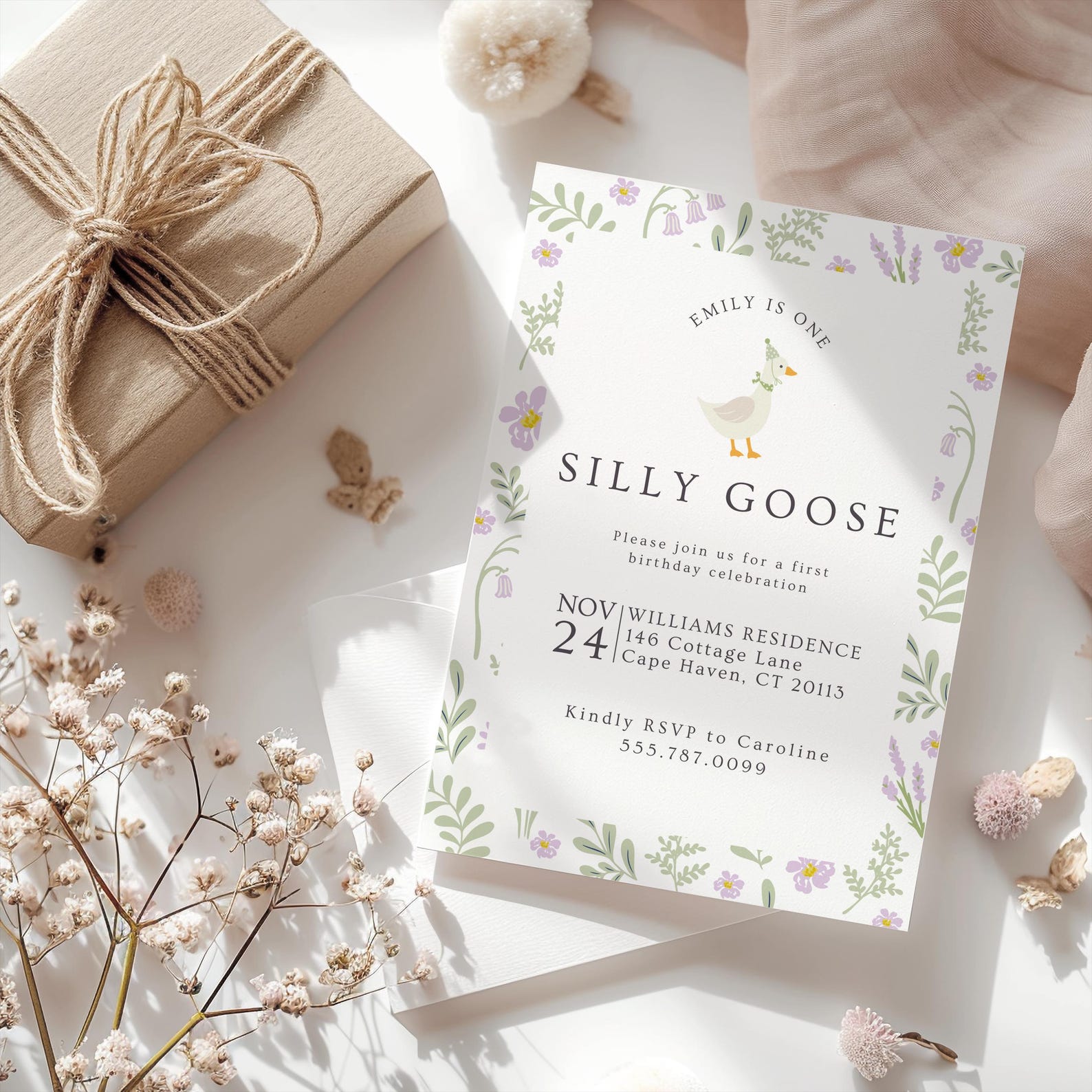 Light Purple Floral One Silly Goose Birthday Invitation Template Canva ...