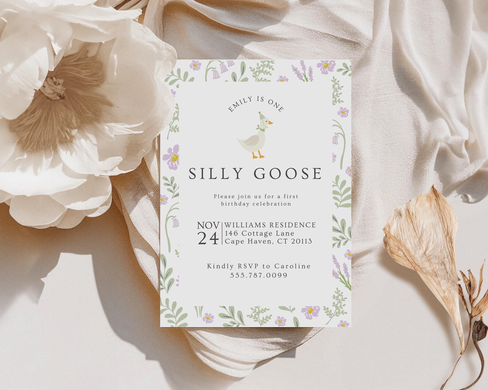 Light Purple Floral One Silly Goose Birthday Invitation Template Canva ...