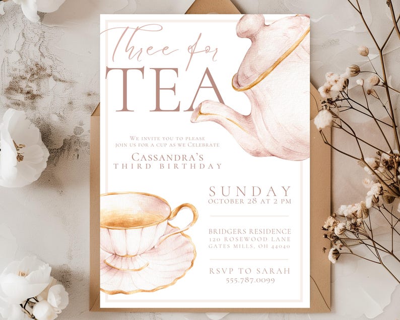 Tea for Three Birthday Invitation Party Decor for Tea Party Girl 3rd ...