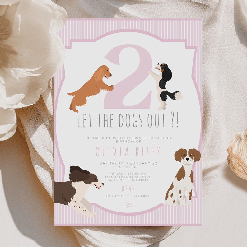 Editable Pink Two Let the Dogs Out Second Birthday Invitation Girl ...