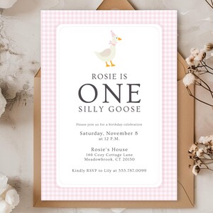 Pink Gingham One Silly Goose Birthday Invitation Template | Canva ...