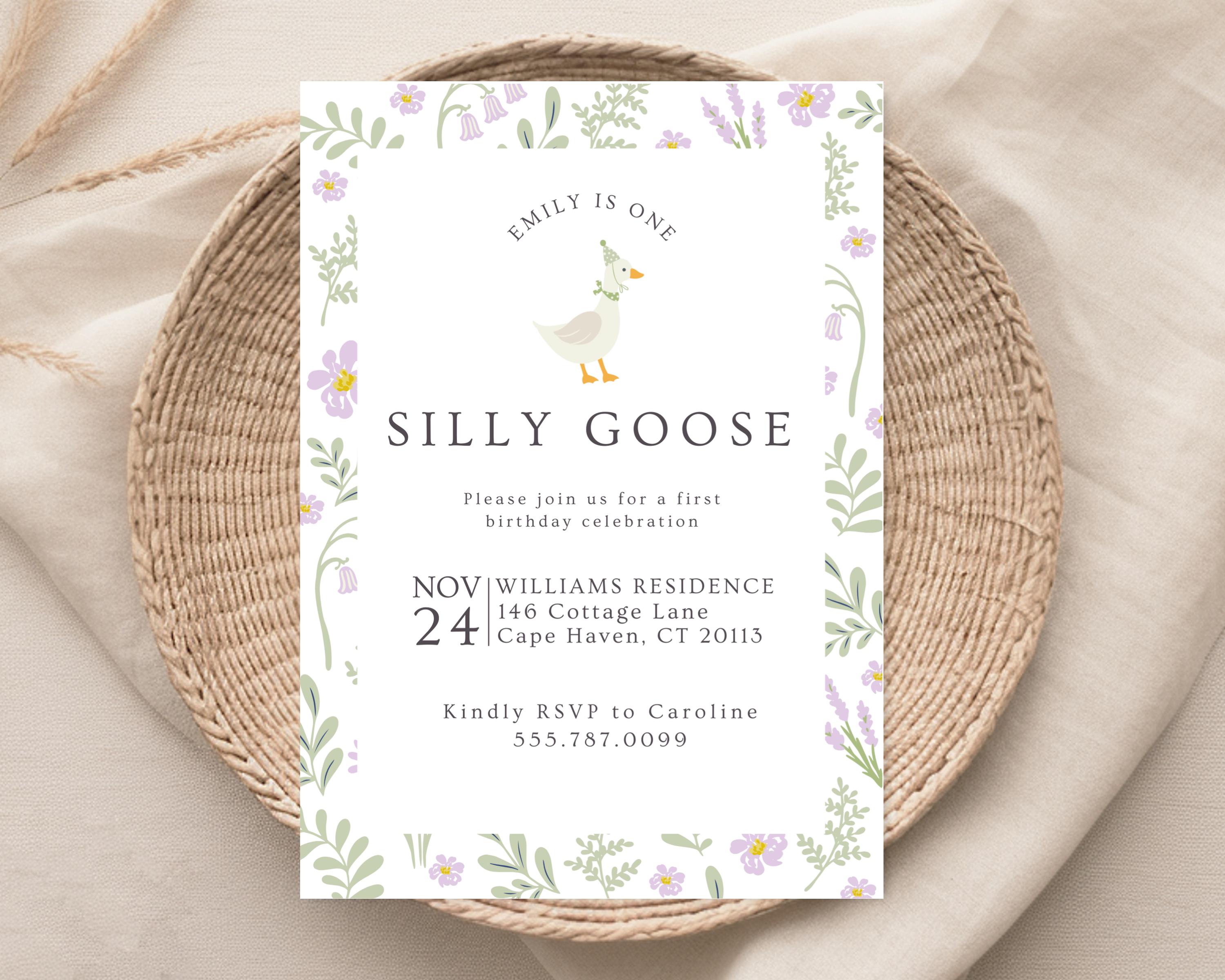 Light Purple Floral One Silly Goose Birthday Invitation Template Canva ...