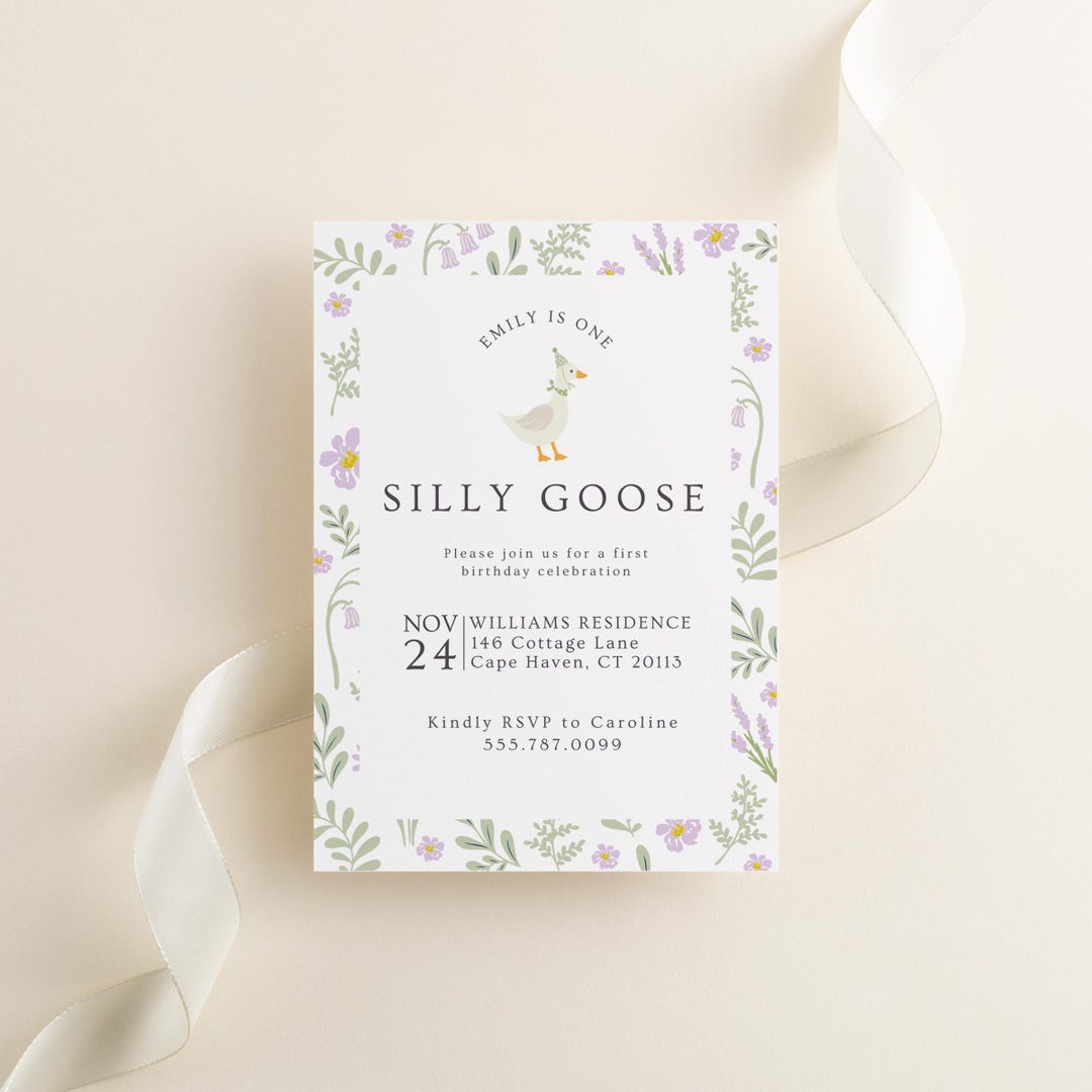 Light Purple Floral One Silly Goose Birthday Invitation Template Canva ...