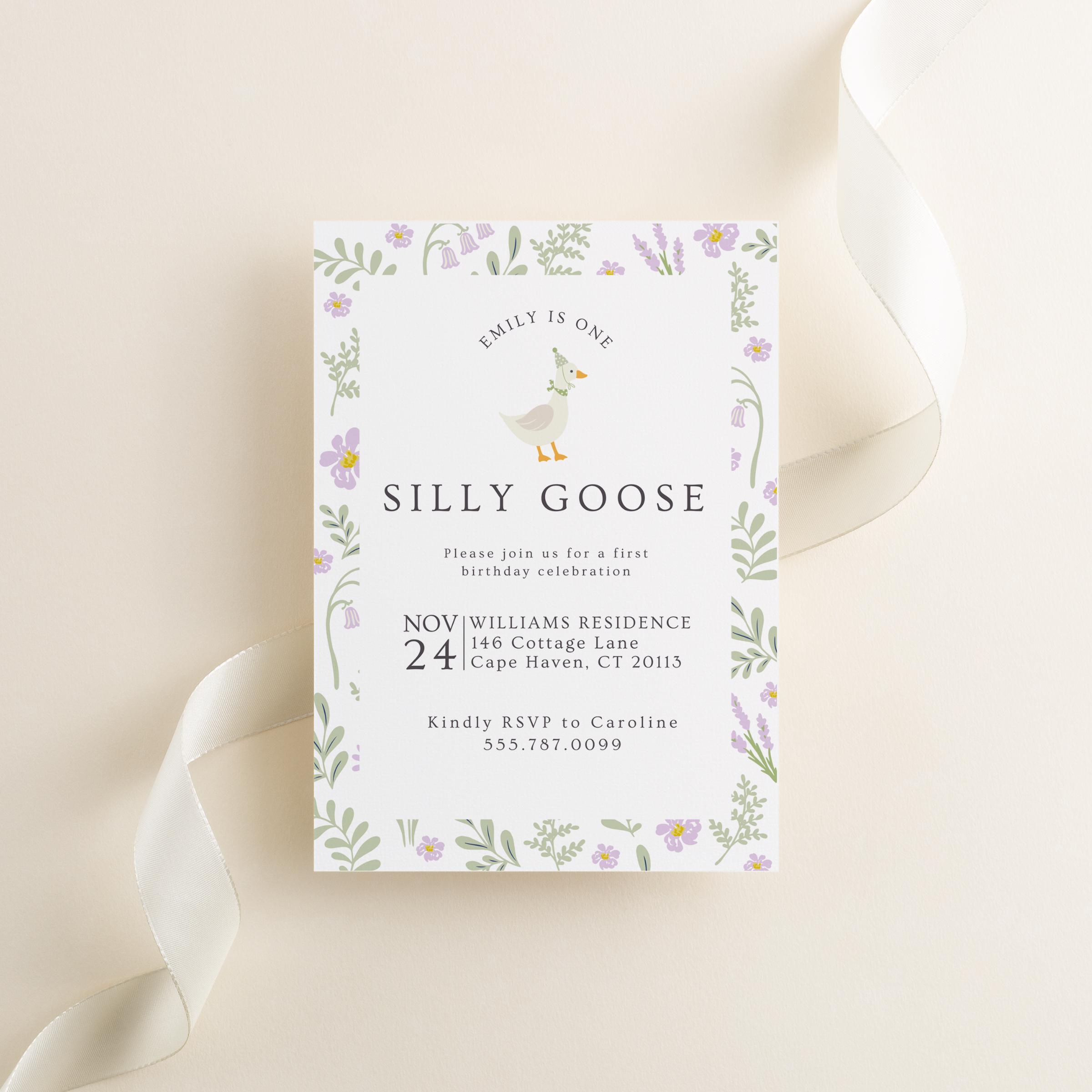 Light Purple Floral One Silly Goose Birthday Invitation Template Canva ...
